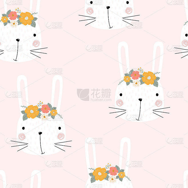 Seamless cute pink rabbit pattern with flowers on