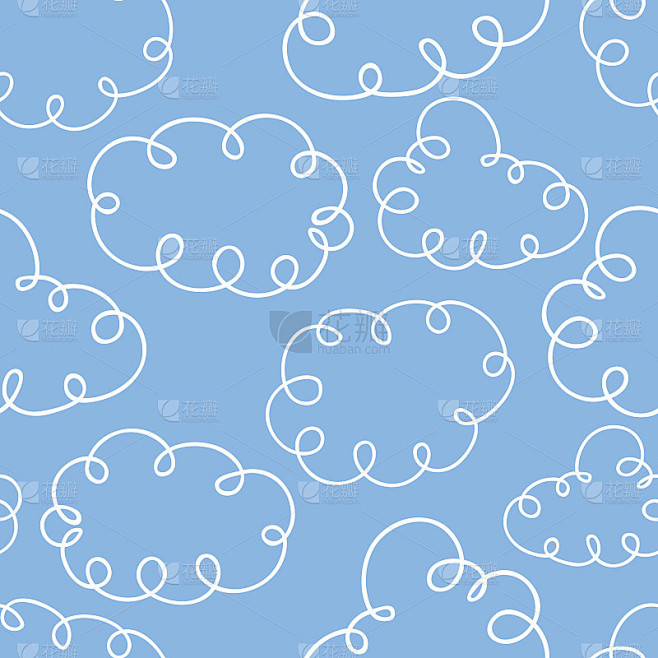 蓝色的天空和白色卷曲的云。手绘无缝图案。矢量插图卡通风格