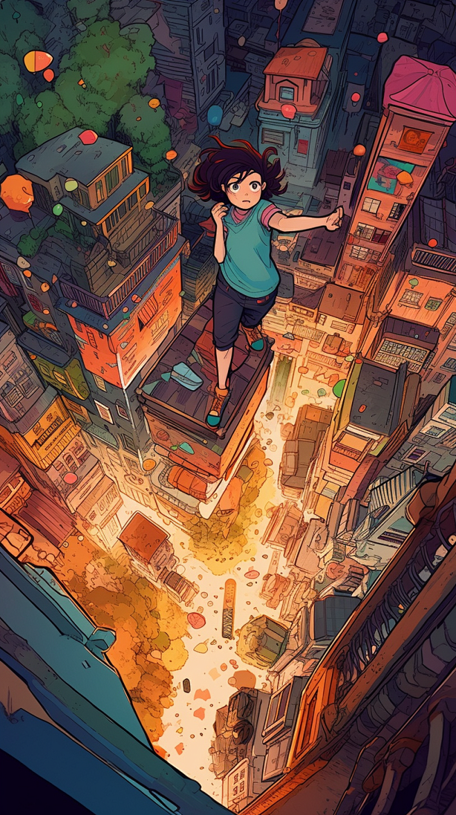 OUTMAN top view pixar style high angle manga girl jumping down