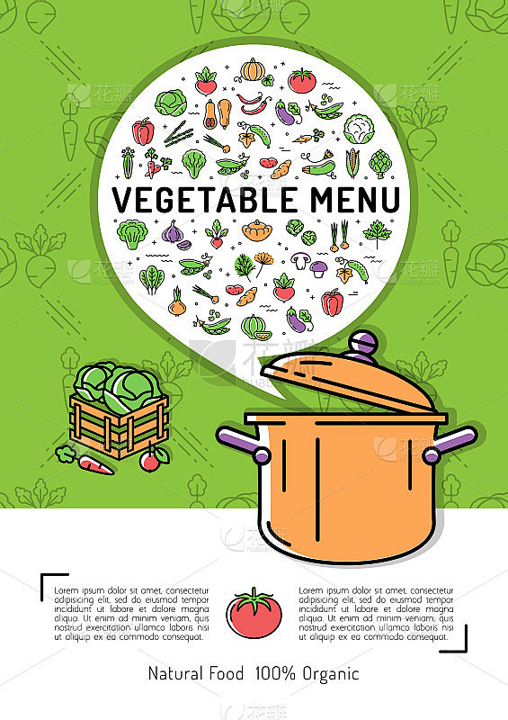Vegetable menu card Vegetables icons, cooking pot,