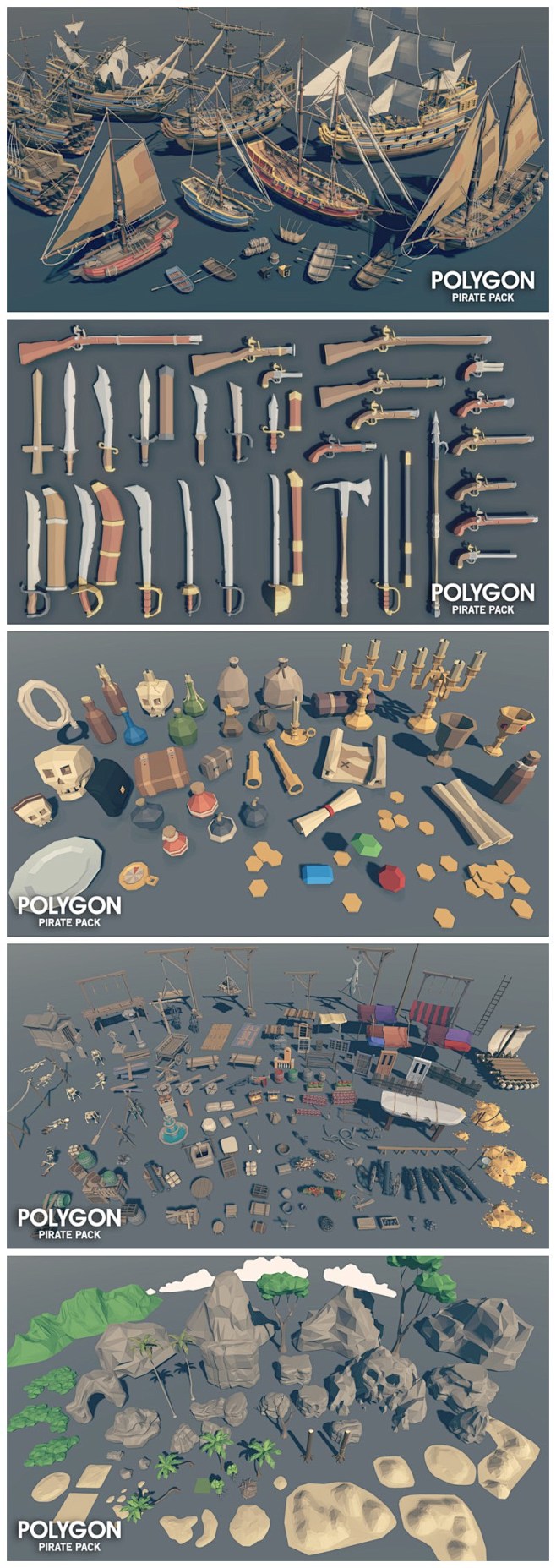 游戏美术素材 Unity3d像素化低多边形场景Q版卡通海盗岛屿 3D模型 附带角色模型 CG原画设定