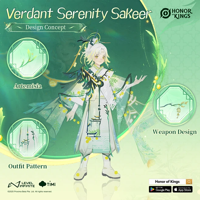 可能是包含下列内容的图片：上面的文字是“Verdant Serenity Sakeer DesignConcept Design Concept HONOR "KINGS Artemisia ...