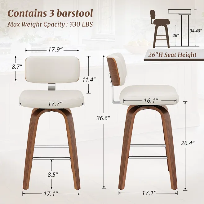 Amazon.com: Cozyman Swivel Counter Height Bar Stools Set of 3, 26" Upholstered Seat Barstools ...
