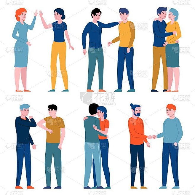 问候手势的人。男女问候的方式各不相同，人们拥抱、握手、握手、肘击。向量组