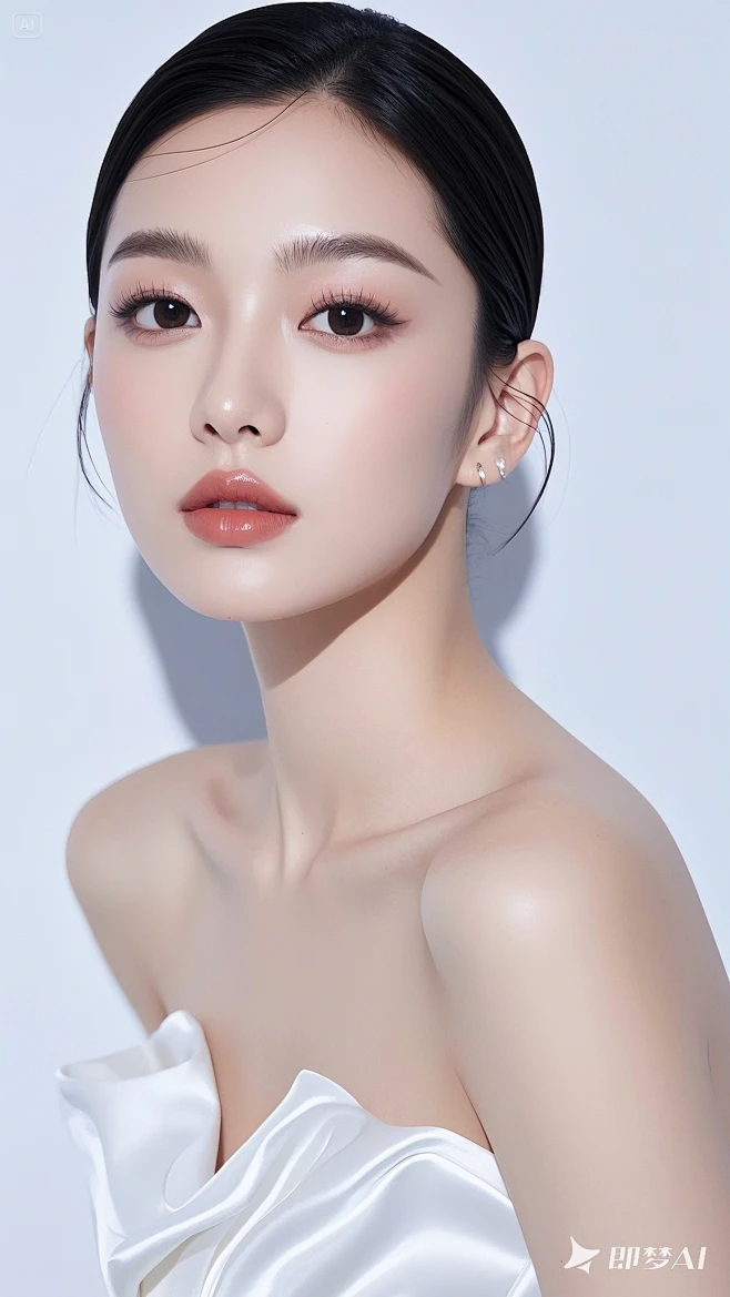 高级医美模特，明星代言人，少女，动态构图，眼部妆容精致，野生眉，脸部妆容，有腮红膏，苹果肌高光，锁骨高光，面部高光，灵动媚眼，唇部饱满，唇部高 ...