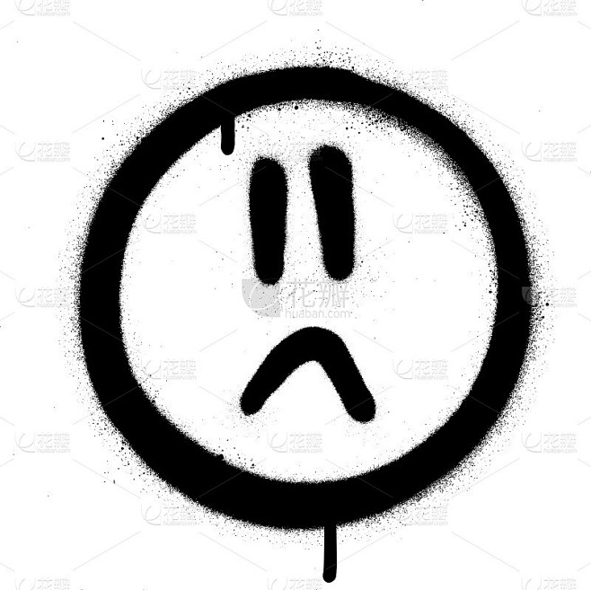 graffiti sprayed sad face icon in black over white