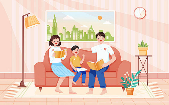 粉色亲子家庭读书教育插