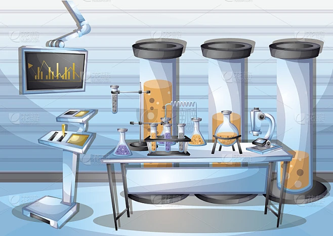 卡通矢量插图实验室室内房间与分离层素材-花瓣网