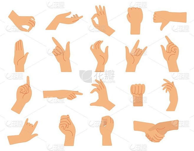 孤立的手手势。孤立的手势，手臂显示不同的信号。身体各部位，手指摆姿势收藏。卡通女性手掌象样向量集