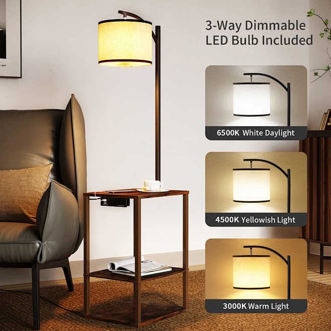 SUNMORY Rustic End Table Lamp with Table, Shelves, Charging Station(USB ...