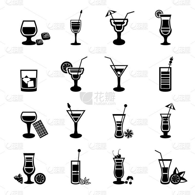黑色和白色鸡尾酒图标集