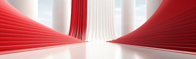 The red carpet on stairs with curtains, in the style of freeform ...