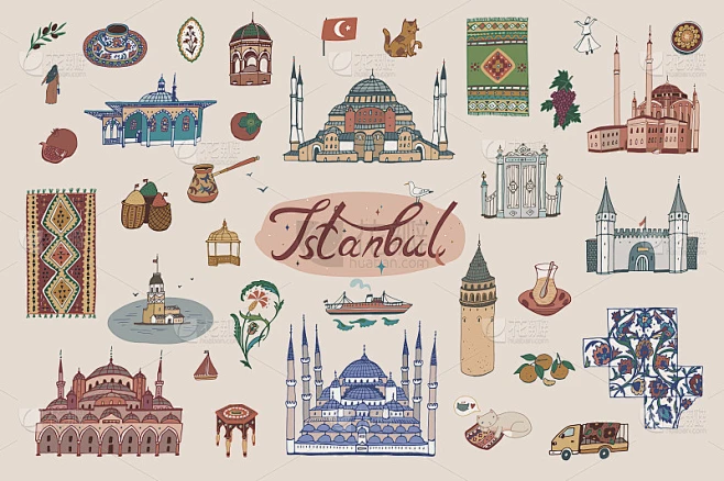 土耳其伊斯坦布尔矢量手绘插图集素材-花瓣网