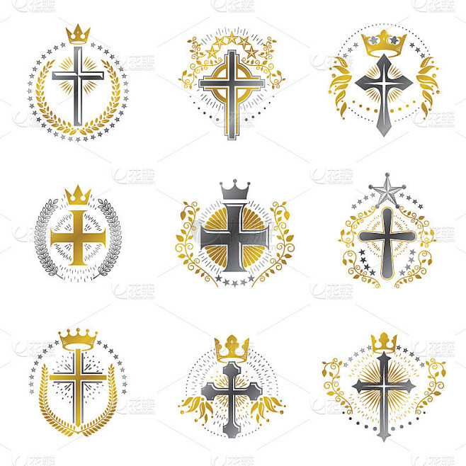 十字架的宗教标志设置。纹章纹章，复古矢量标志系列。