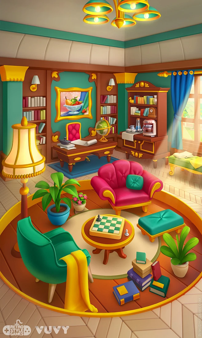 Match-3 game interior with cozy colorful furniture and relaxing ...