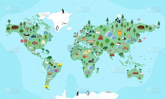 插图的世界地图与卡通动物的孩子。