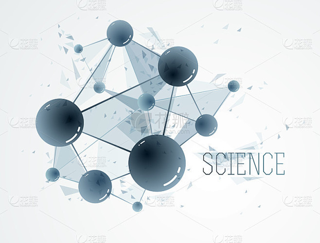 分子矢量抽象背景，三维立体科学化学物理主题设计元素，原子粒子微纳米科学插画。