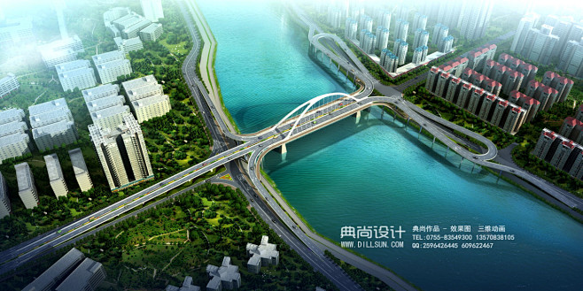 拱桥3a鸿昌大桥拱桥方案大鸟瞰 图片效果图