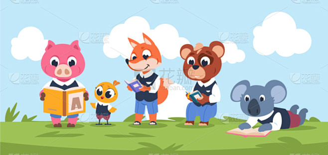 儿童,可爱的,性格,动物,动画片,家庭,秋天,白色,古老的,读书