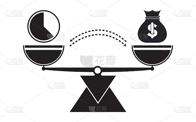 时间和金钱是衡量标准。用时间和硬币称重。平衡。矢量图的元素