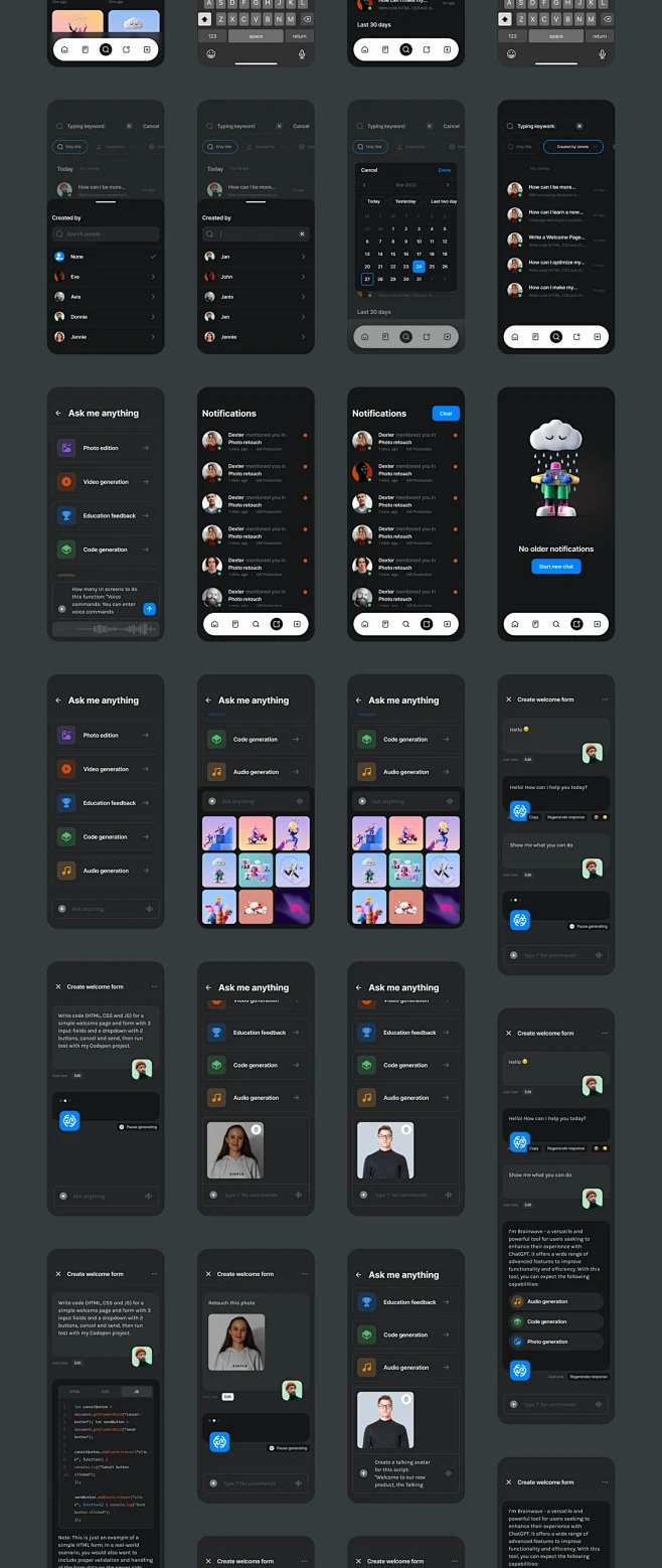A01 双配色Ai人工智能ChatGPT聊天机器人社交App应用ui界面设计Fig设计套件Brainwave – AI iOS UI Kit-花瓣网