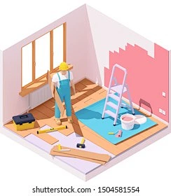 Vector isometric home renovation illustration. Carpenter worker ...