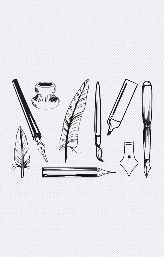 钢笔羽毛笔和墨水|钢笔,简笔画,精致,羽毛笔,墨水,卡通元素,手绘/卡通