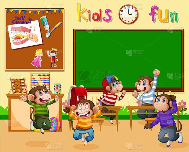 Five little monkeys jumping in the classroom素材-花瓣网