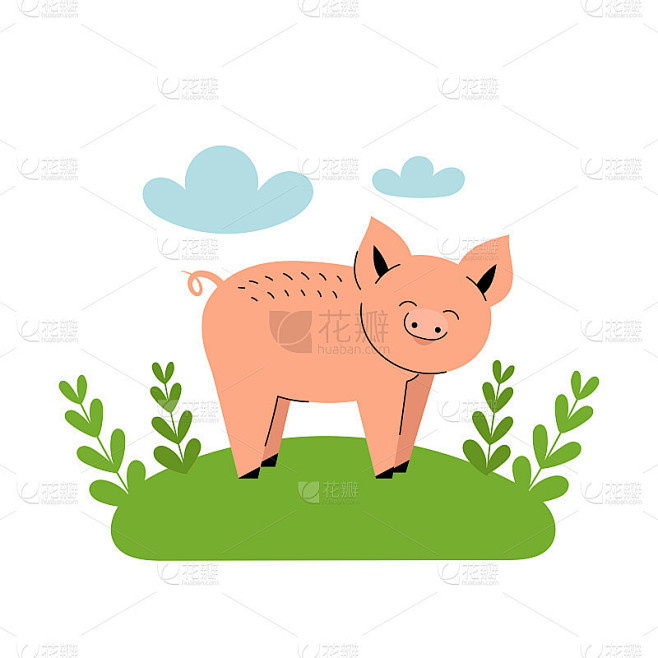 Cute pink pig stands in a meadow. Cartoon farm ani