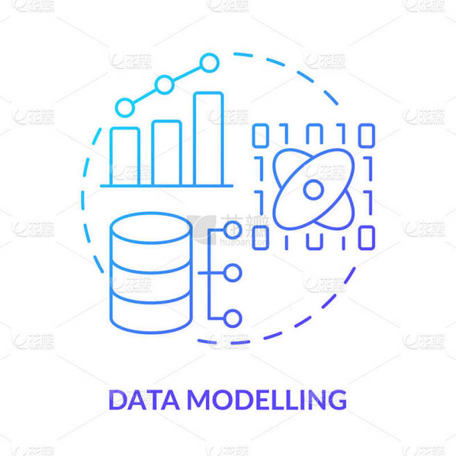 数据建模蓝色梯度概念图标.数据挖掘过程抽象思想细线图解.机器学习算法。孤立的草图。Myp.org P