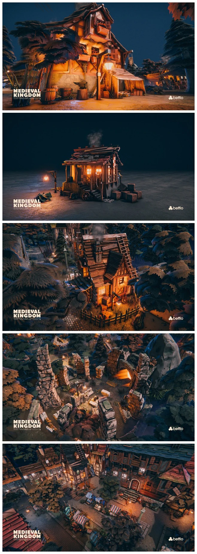 Unity3d场景 中世纪王国3D模型 卡通Q版城镇建筑植物山石花草树木道具物件3D模型 FBX模型 CG原画参考设定-花瓣网