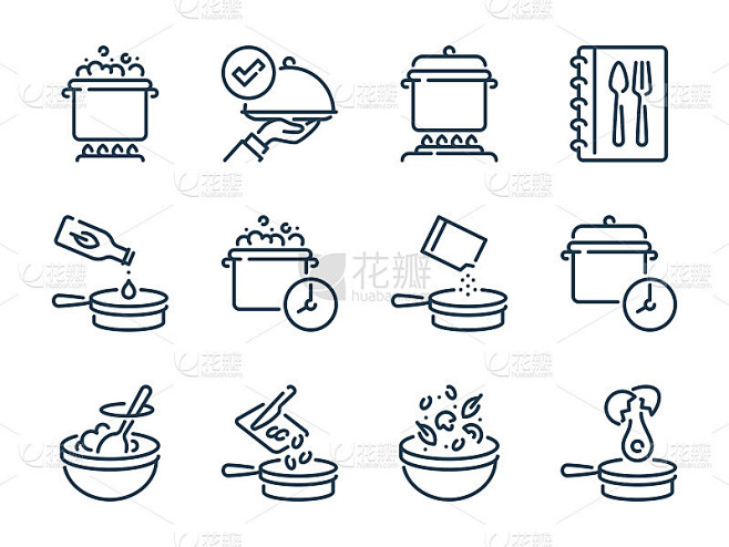 烹饪相关的矢量线图标设置。饭菜烹饪和厨房设备的轮廓图标。食物和厨房用具图标收集。