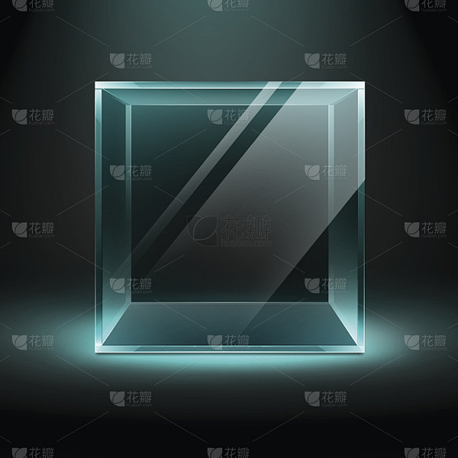 透明玻璃盒子立方体在黑色背景与蓝色背光