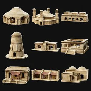 This may contain: several models of buildings are shown on a black ...