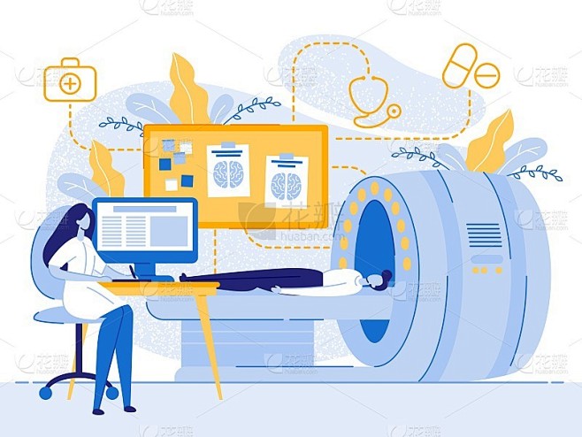 卡通男患者MRI女医生检查