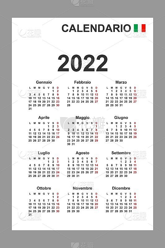 意大利2022年日历。星期一开始上课。简单的向量模板。