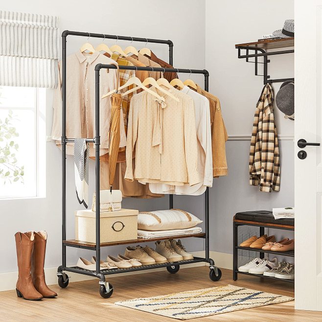 Amazon.com: VASAGLE Rolling Clothes Rack, Double Rail Garment Rack on ...
