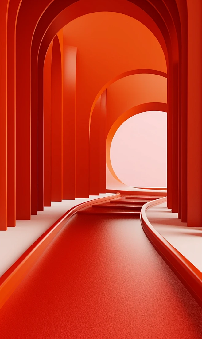 Red corridor in red sandstone space, in the style of industrial and ...