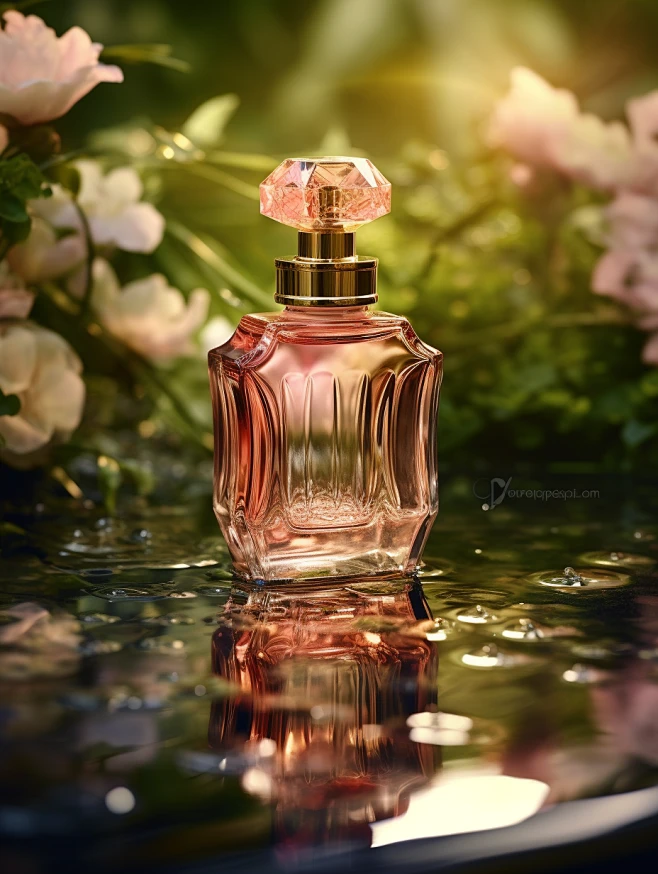 13501210190_A_perfume_bottle_gracefully_resting_on_a_wet_stone ...