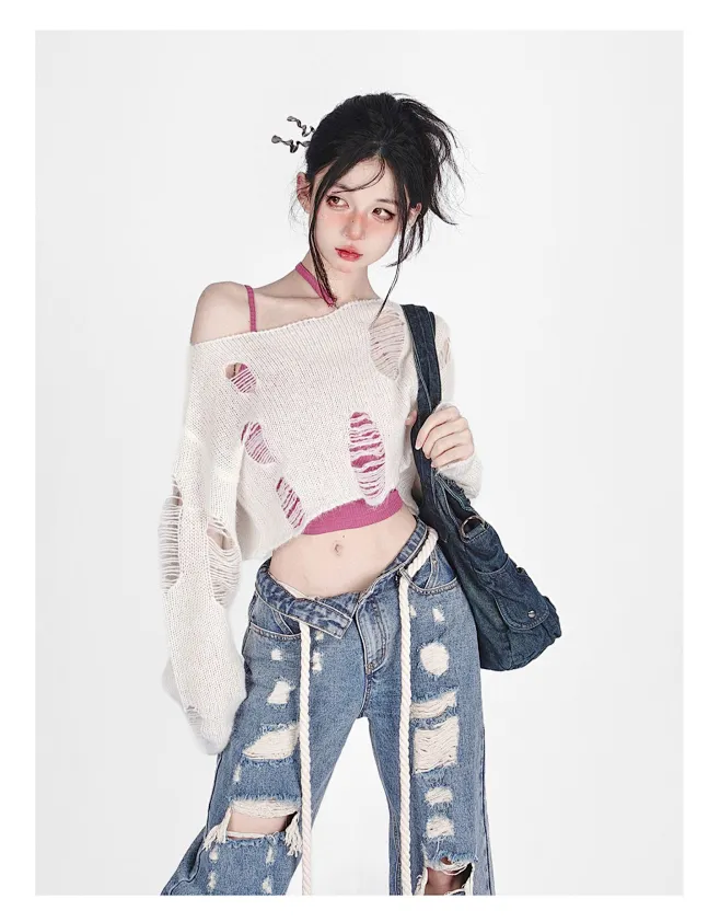 少也眼梨型天菜 裤子ins高街潮 破洞直筒长裤宽松绑带牛仔裤女-tmall.com天猫-花瓣网