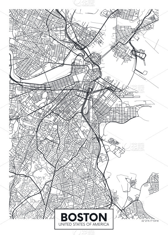 波士顿,街道图,旅行的人,旅途,交通,林荫路,河流,建筑结构,剪影