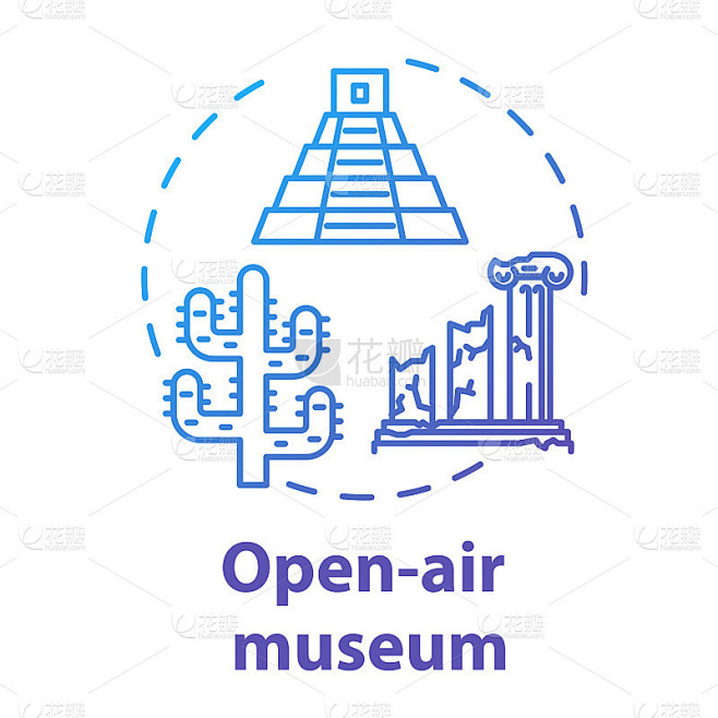 露天博物馆概念图标。历史建筑展览。寺庙废墟和柱廊。民间建筑。考古论述构思细线插图。矢量孤立轮廓图