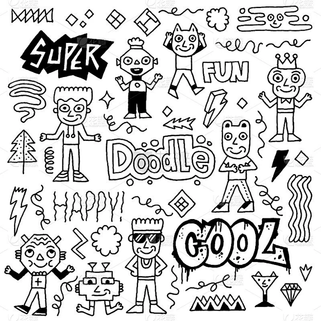 抽象幻想酷涂鸦人物集。黑白画。矢量插图。素材-花瓣网