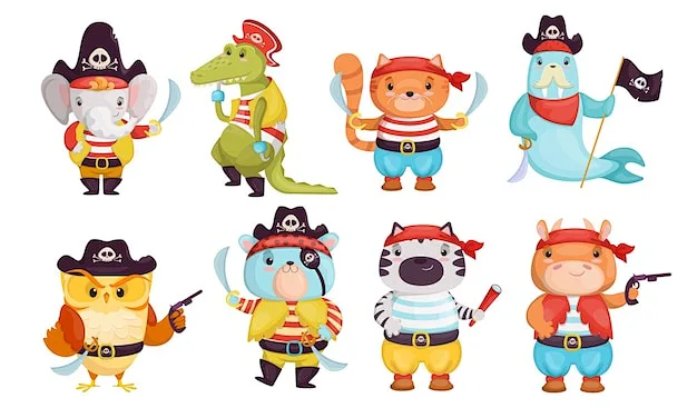 Bright funny pirate animals flat pictures set.-花瓣网