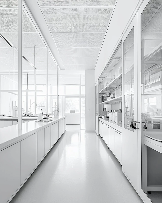 scene modern hygenic sterile lab research science lab, canon 1dx, 50mm lens, wide, white ...