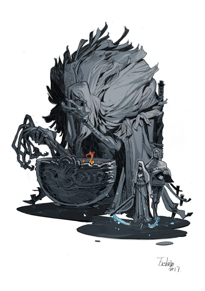 #黑暗之魂3# 艾雷德尔神父与修女芙莉德 ，跟@UNCLE_OG 合作的同人图，嗯~~ 果然平面设计做出来的味道很不同~ 但是又很特别，开心 ...