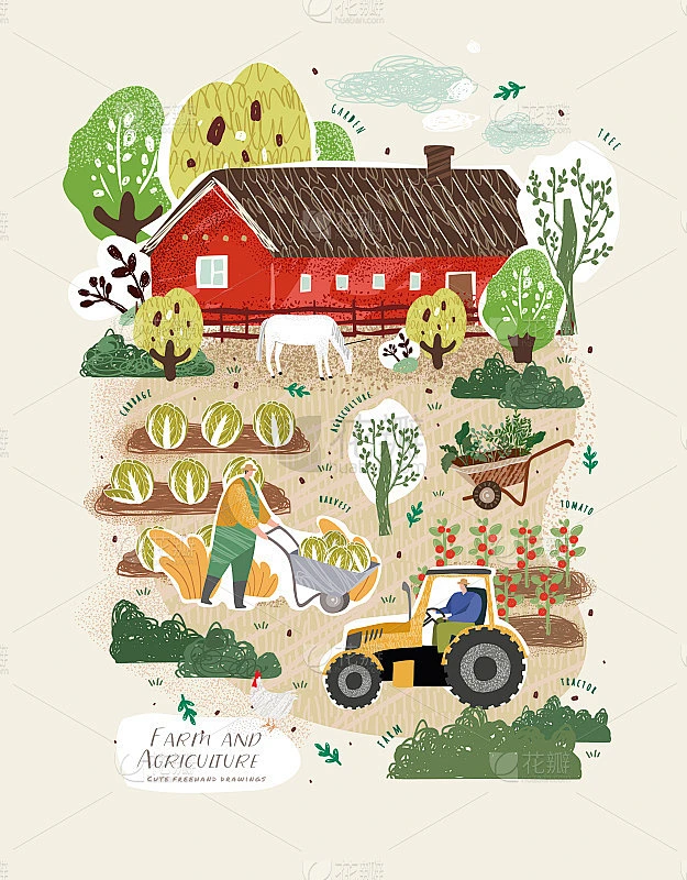 Farm and agriculture. Vector cute illustrations of-花瓣网