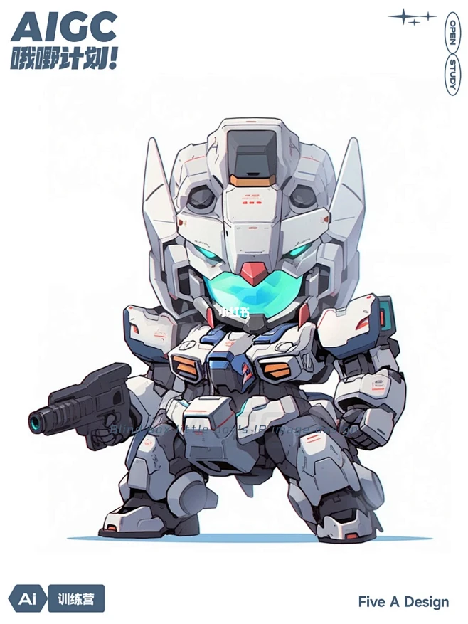 2D hand-painted IP image design of Gundam Mecha, chibi, full-body ...