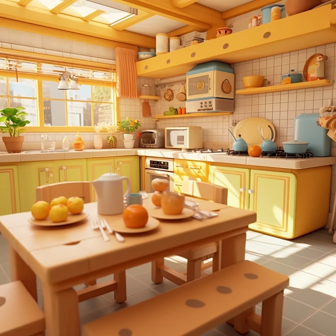 Unmanned, Warm yellow interior,Ranch Wood Style， Matte texture，Joyful ...