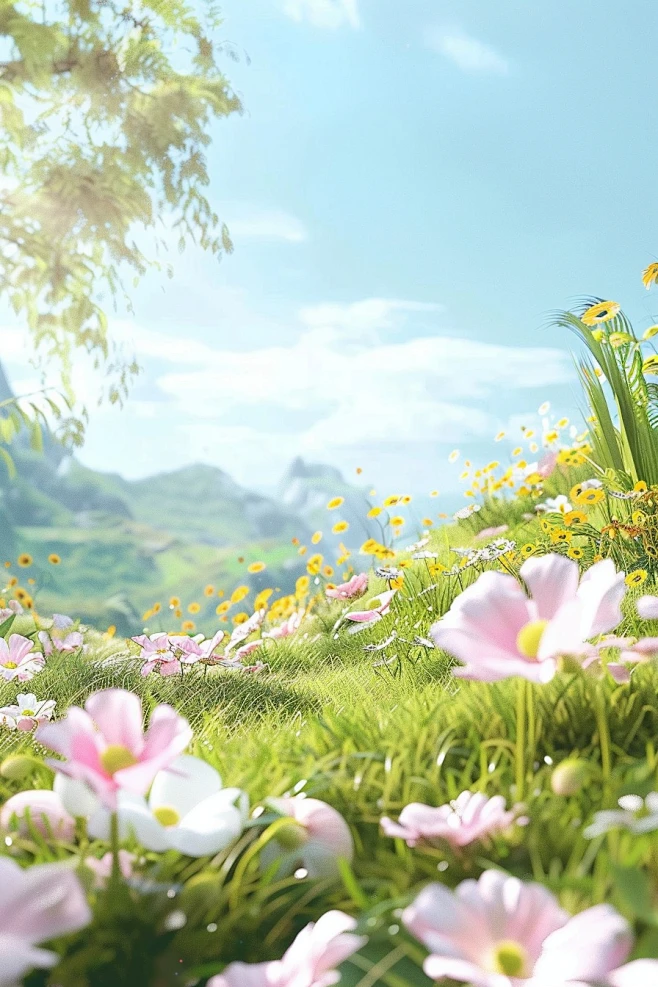 A beautiful meadow and full of large pink flowers, 3d rendering, soft ...